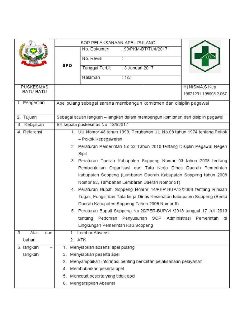 Sop 2 Pelaksanaan Apel Pulang | PDF