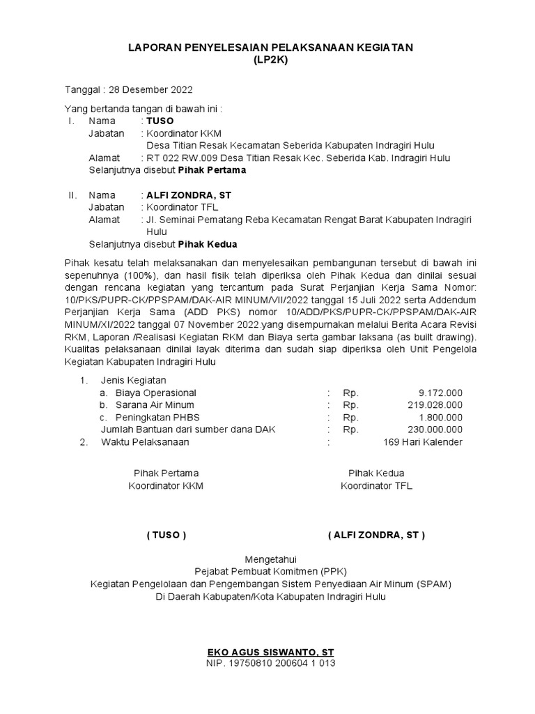 Laporan Penyelesaian Pelaksanaan Kegiatan LP2K PT 3.07 KS | PDF