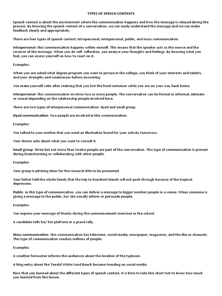 Types of Speech Contexts Explained | PDF | Communication | Conversation
