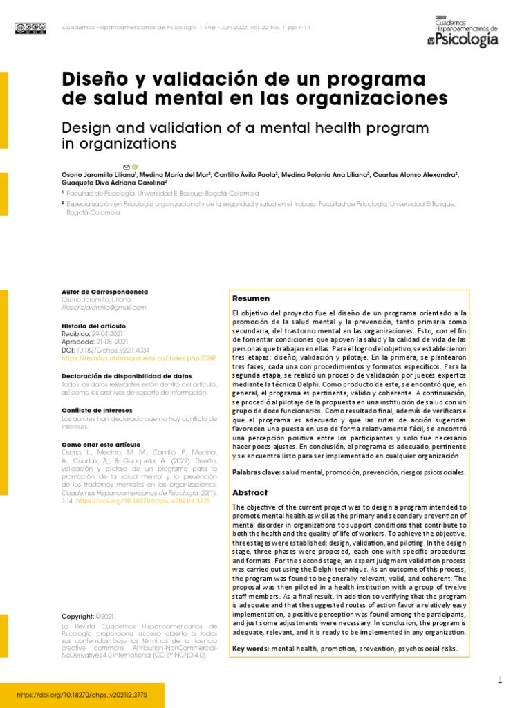 Diseño y Validación de Un Programa de Salud Mental en Las Organizaciones | PDF | Salud mental ...