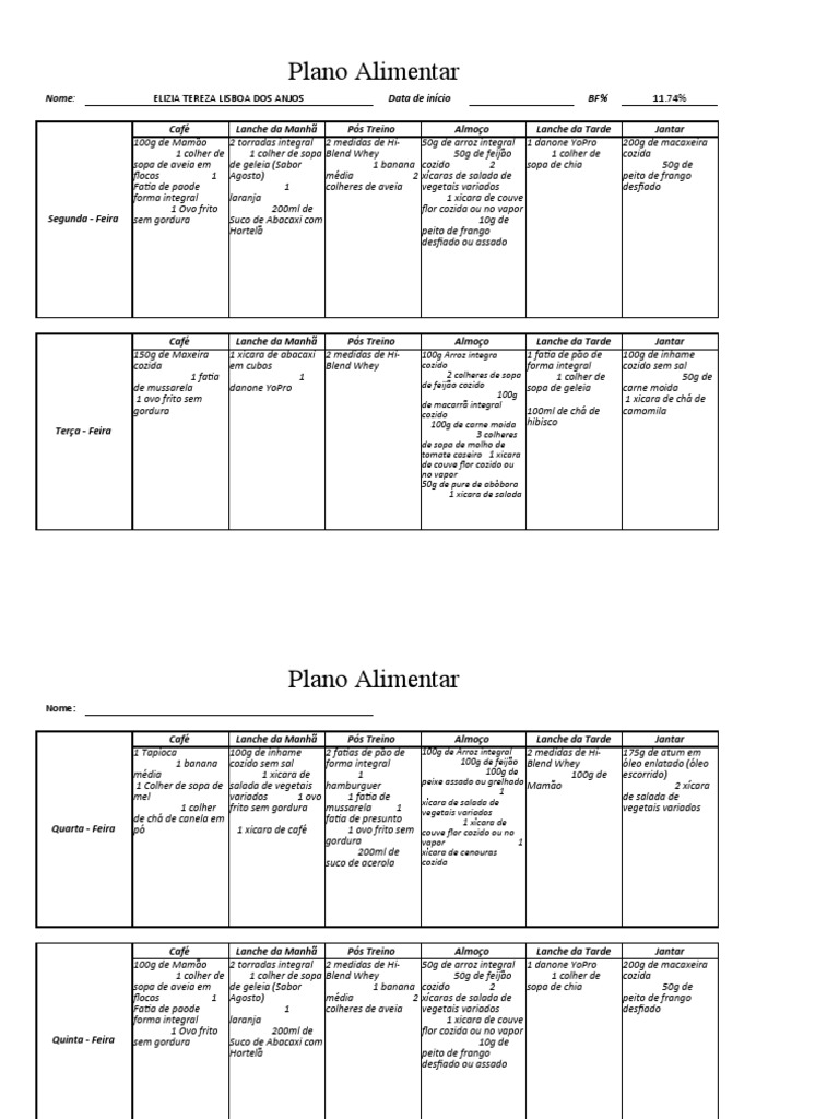 Plano Alimentar | Download grátis PDF | Sopa | Alimentos