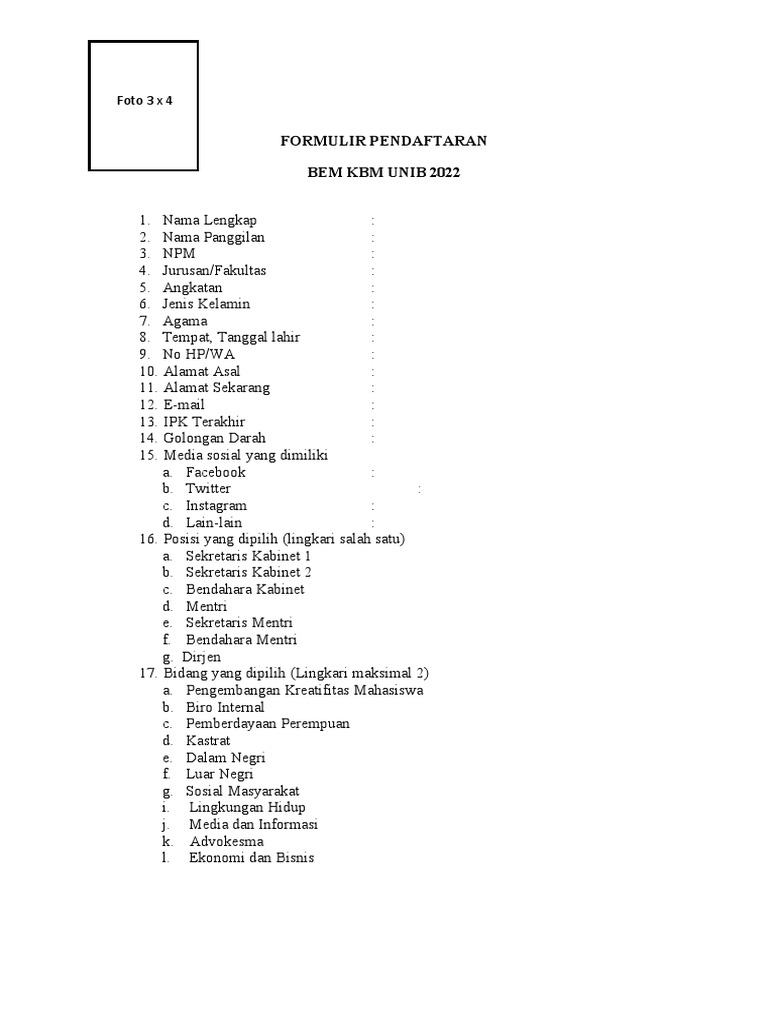 Formulir Pendaftaran Bem KBM Unib | PDF