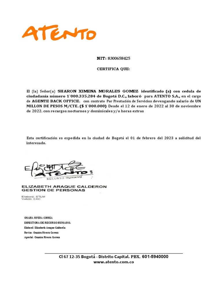 Carta Laboral Atento Brayan | PDF