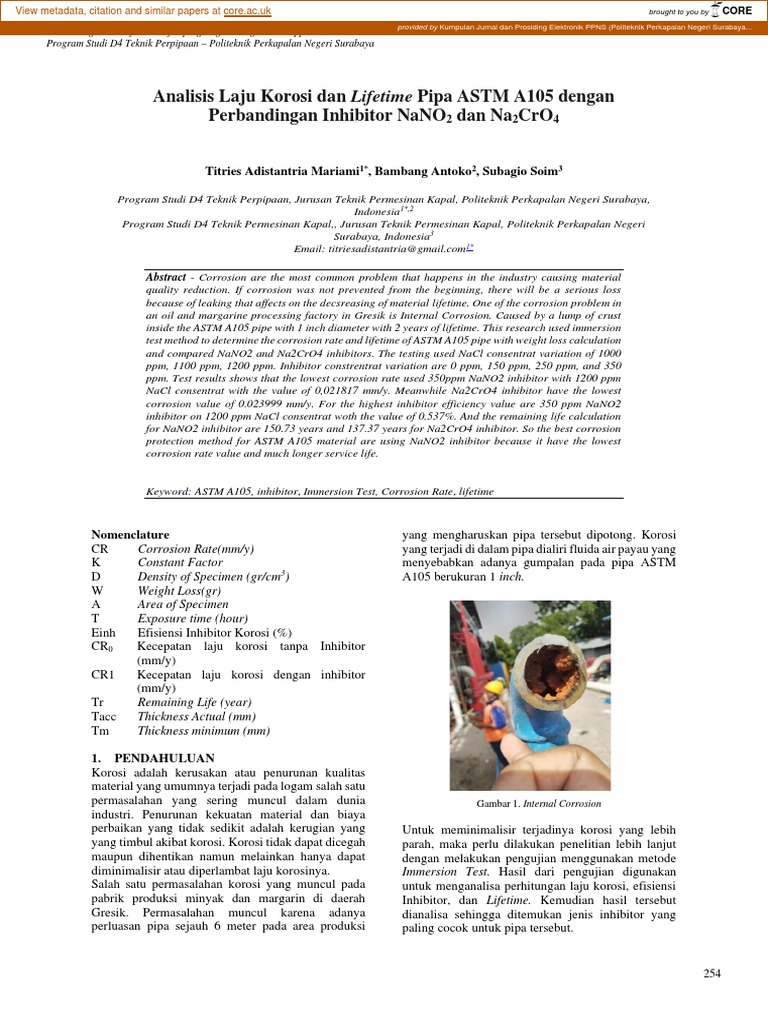 Analisis Laju Korosi Dan Lifetime Pipa Astm A105 Dengan Perbandingan Inhibitor Nano Dan Na Cro ...
