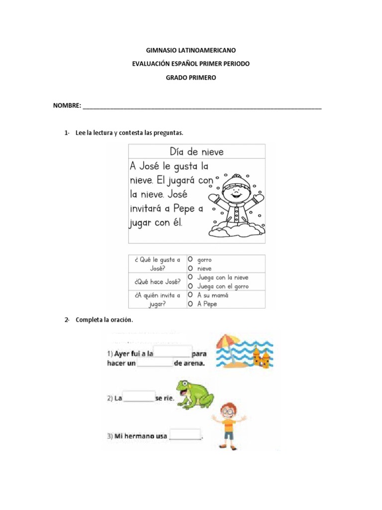 Evaluación de Español - Primer Grado | PDF