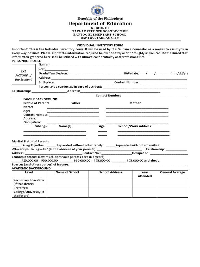 Individual Inventory Form Long | PDF | Counseling Psychology | School ...