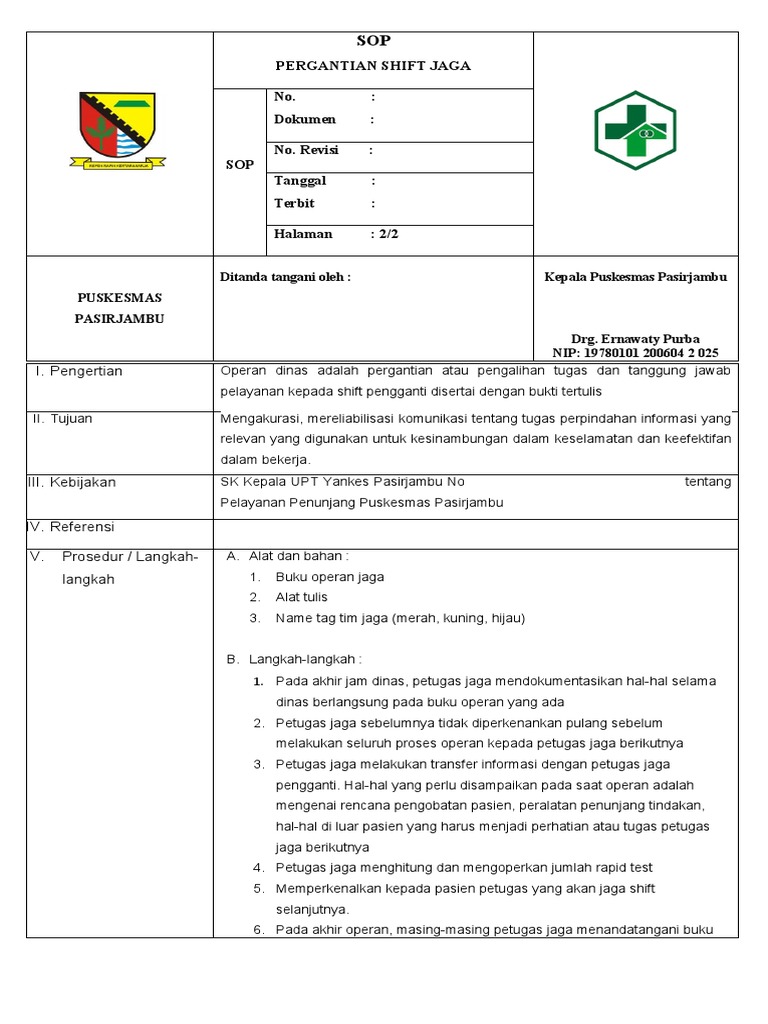 Sop Pergantian Shift Jaga 2020 Edit | PDF