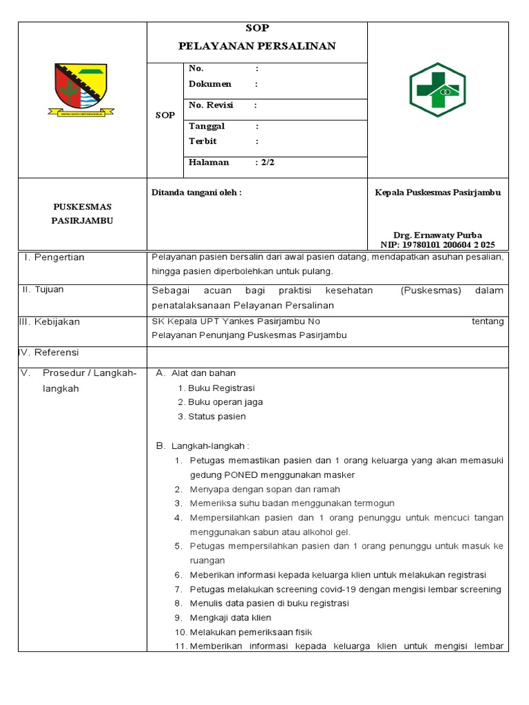 Sop Pelayanan Persalinan 2020 Edit | PDF