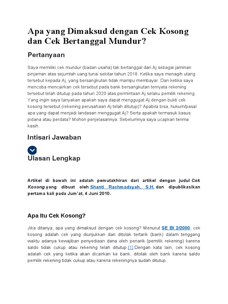 Apa Yang Dimaksud Dengan Cek Kosong Dan Cek Bertanggal Mundur | PDF