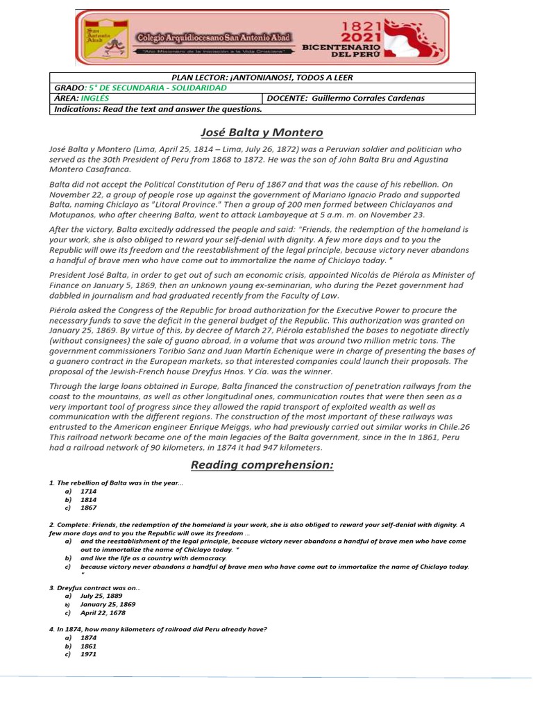 Fith Reading - Plan Lector - Inglés 2021 | PDF | Peru | South America