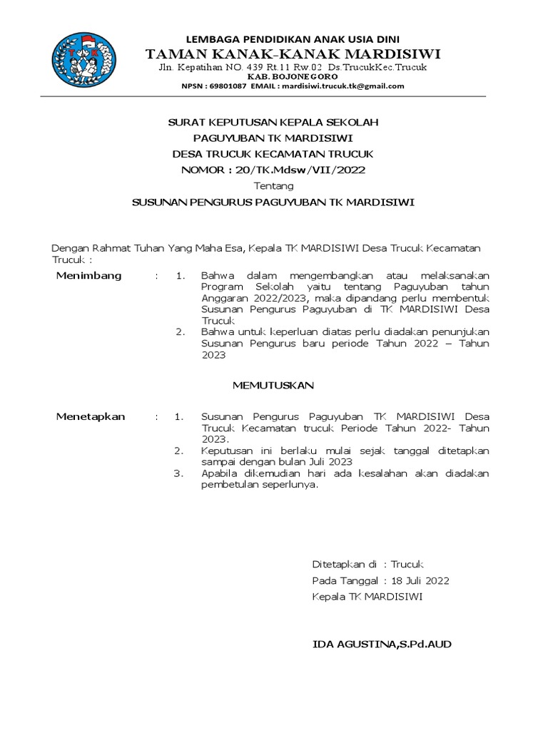 Susunan Pengurus Paguyuban TK Mardisiwi | PDF