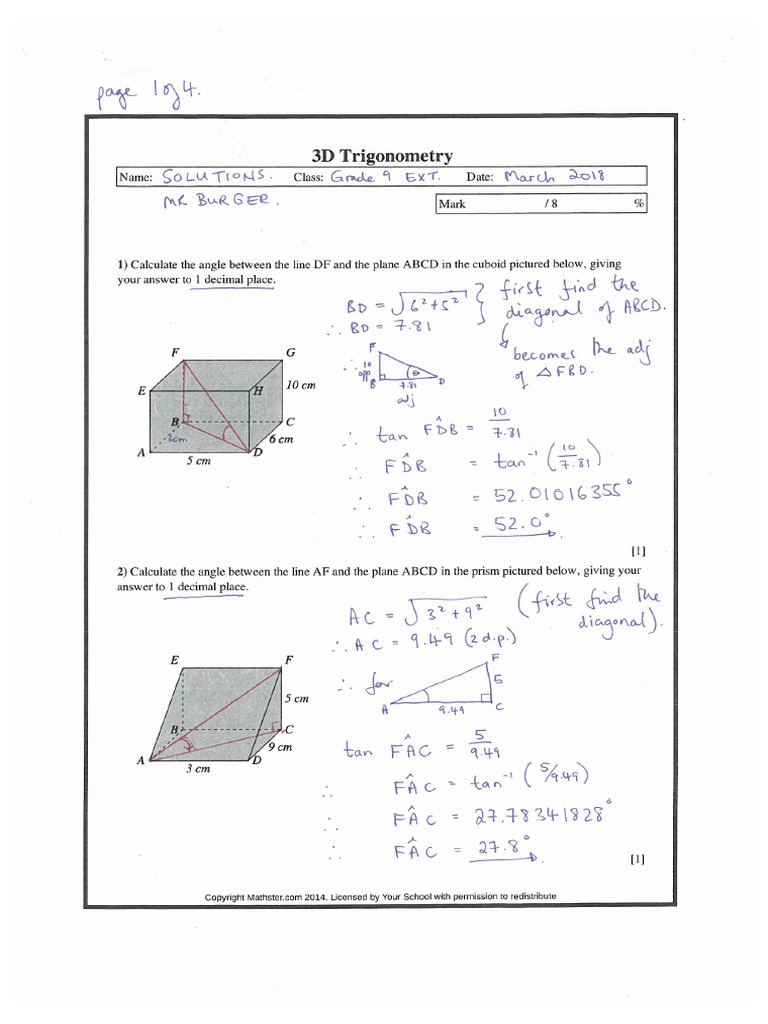 Trig 3D Worksheet Solutions EBu | PDF