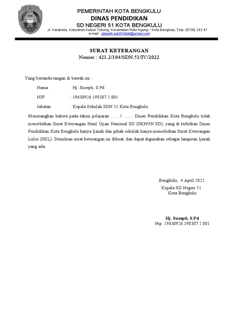 Surat Keterangan Tidak Ada SKHUN SD | PDF