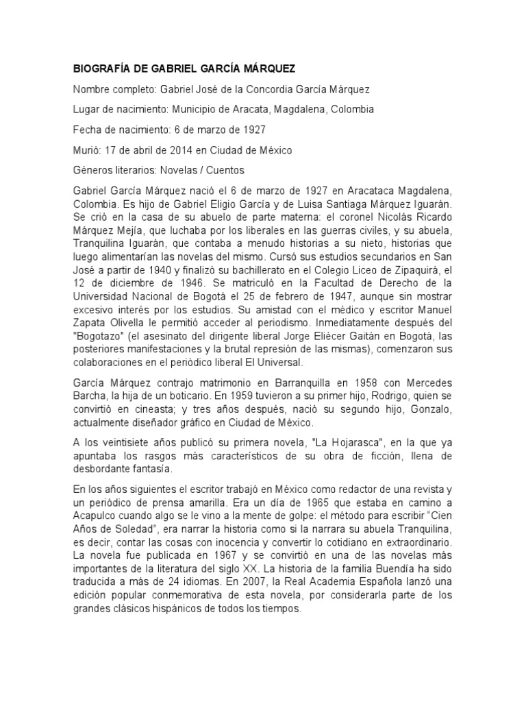 Biografía de Gabriel García Márquez | PDF | Gabriel García Márquez
