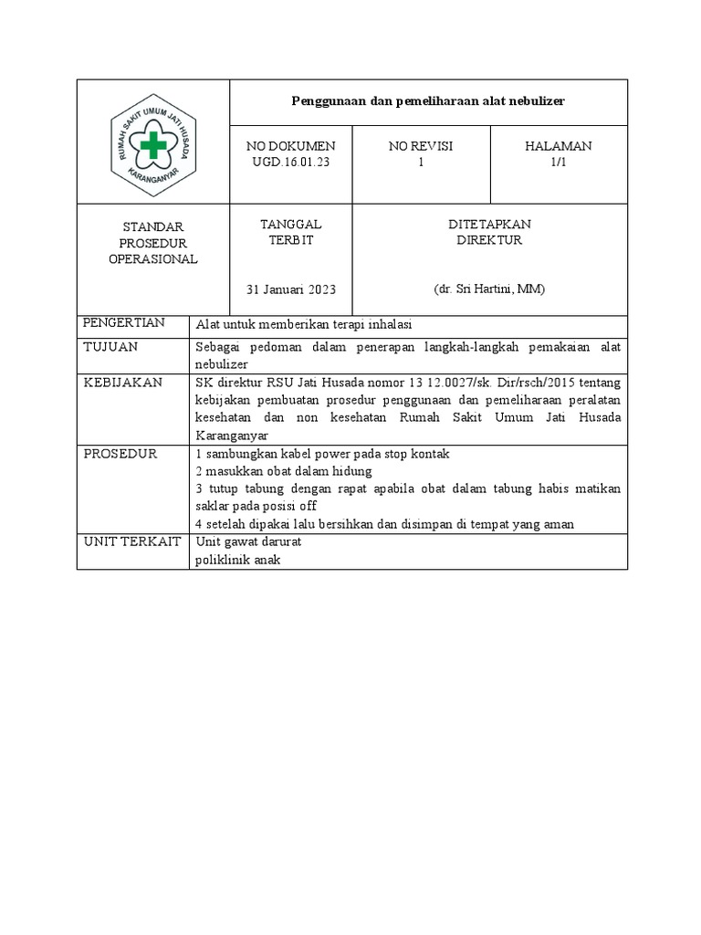 Sop Penggunaan Dan Pemeliharaan Nebulizer | PDF