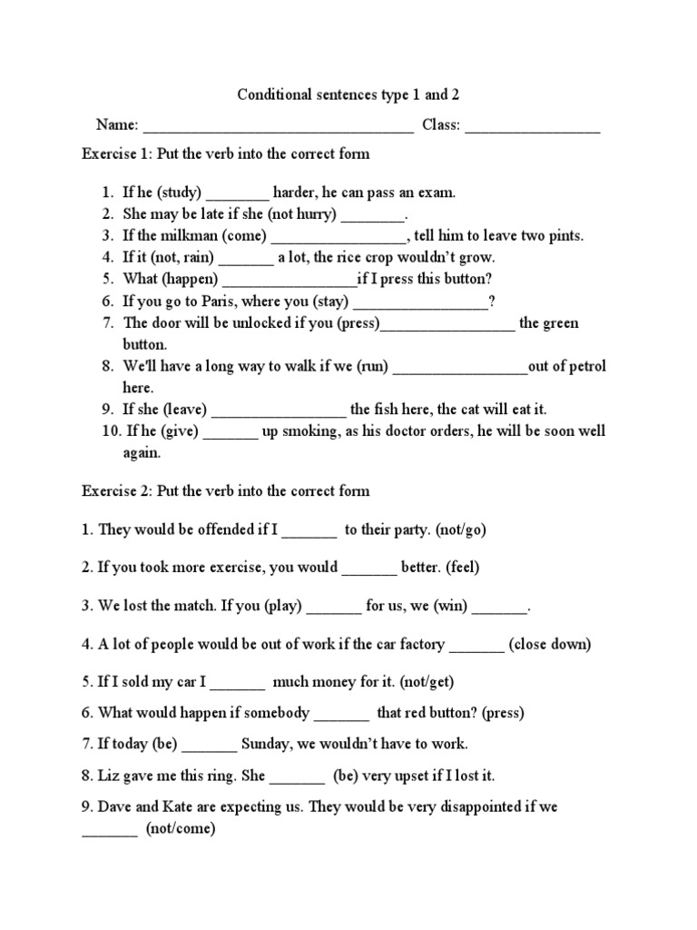 Conditional Sentences Type 1 and 2 | PDF