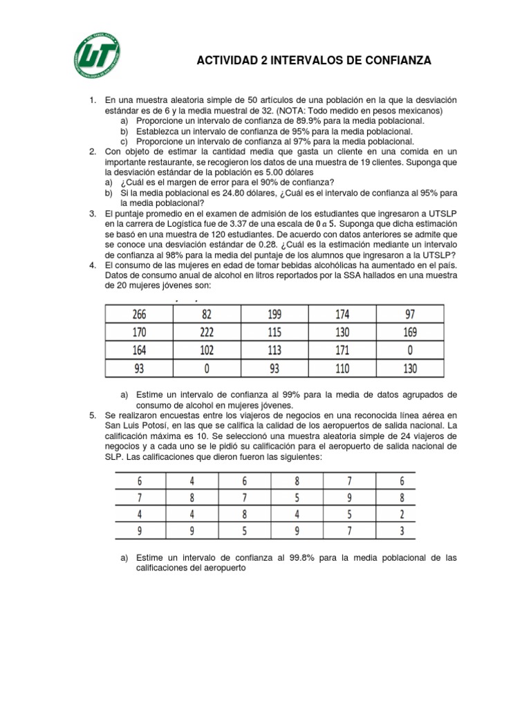 Actividad 2 Intervalos de Confianza | PDF | Intervalo de confianza | Desviación Estándar