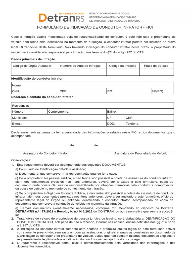 Formulario de Indicacao de Condutor Infrator Fici | PDF | Carteira de ...