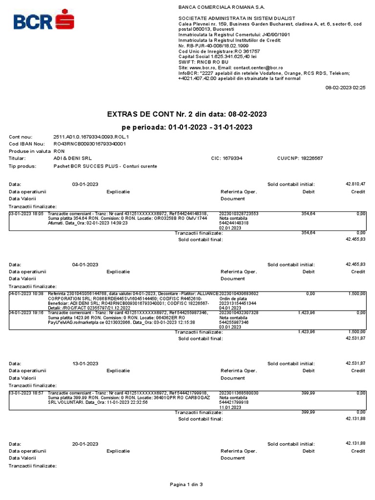 Pe Perioada: 01-01-2023 - 31-01-2023 EXTRAS DE CONT Nr. 2 Din Data: 08 ...