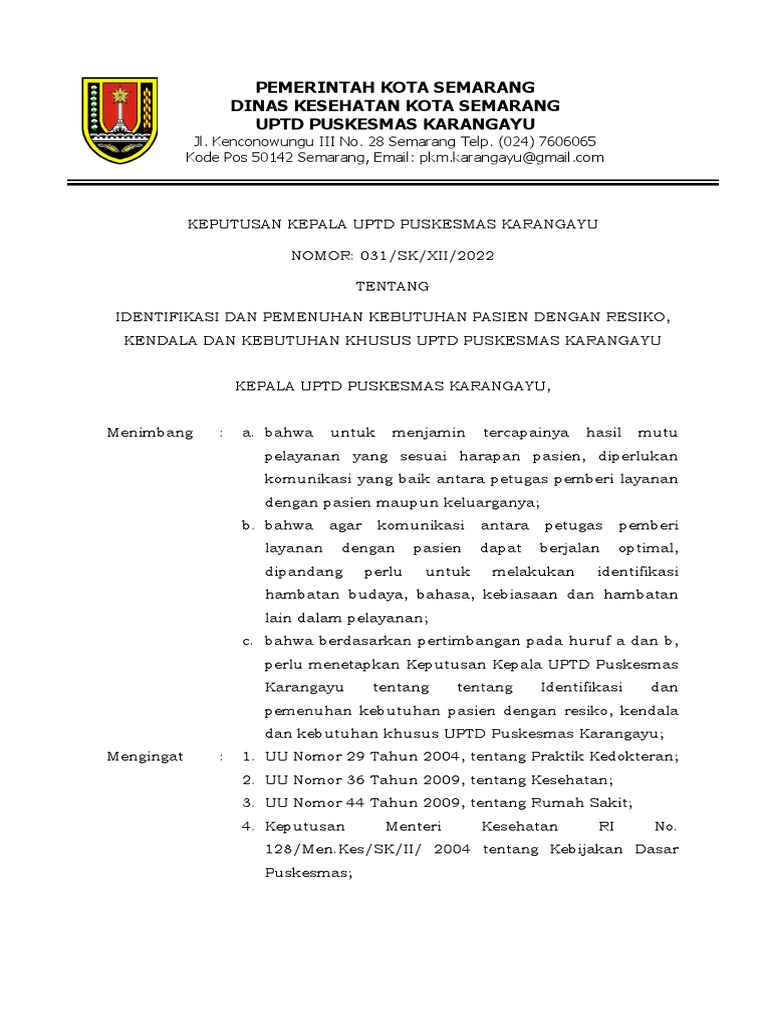 3.1.1.1 SK Identifikasi Dan Pemenuhan Kebutuhan Pasien Dengan Resiko ...