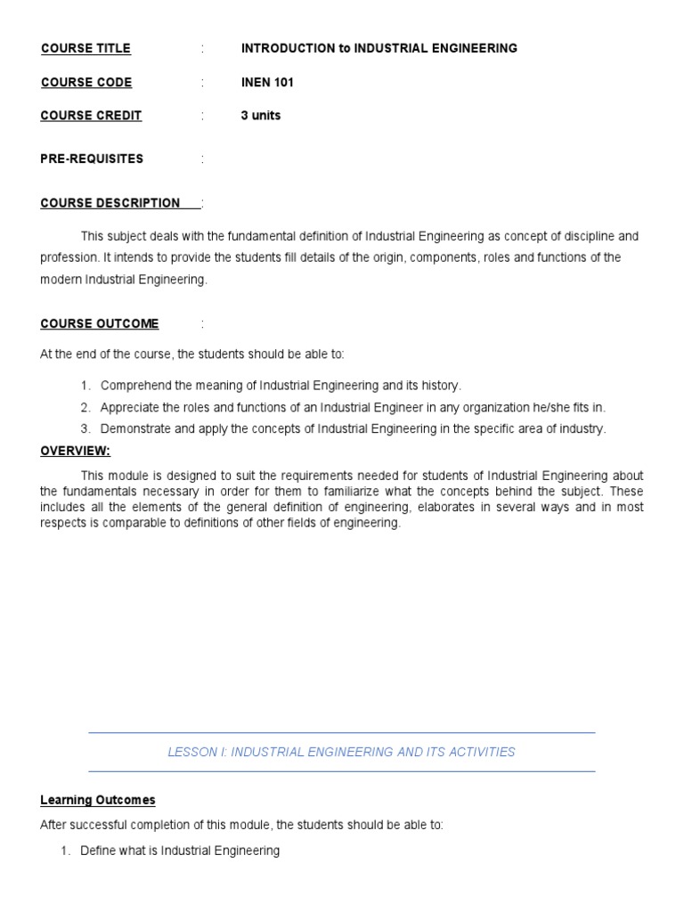Introduction to Industrial Engineering (INEN 101 | PDF | Industrial ...