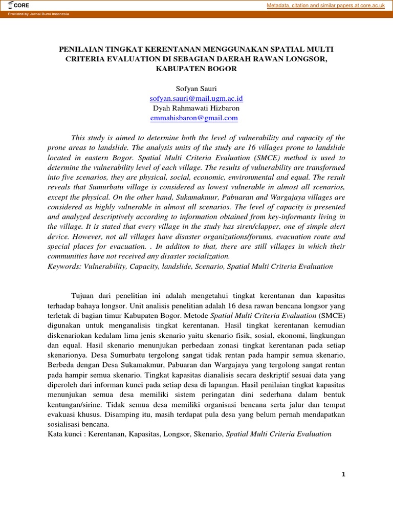 Penilaian Tingkat Kerentanan Menggunakan Spatial Multi Criteria Evaluation Di Sebagian Daerah