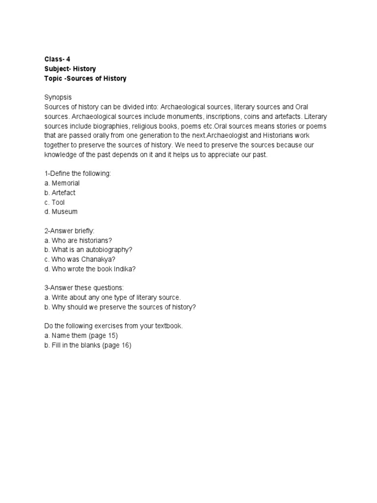 Sources of History for Class 4 | PDF