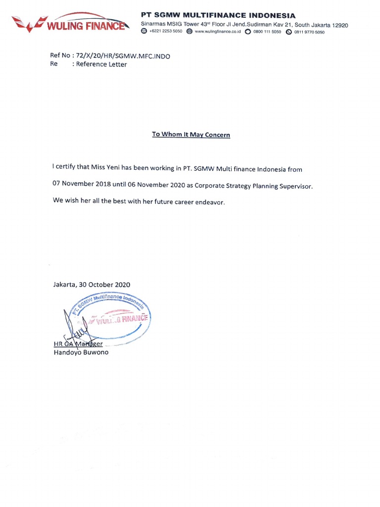 PT SGMw MULTIFINANCE INDONESIA reference letter | PDF
