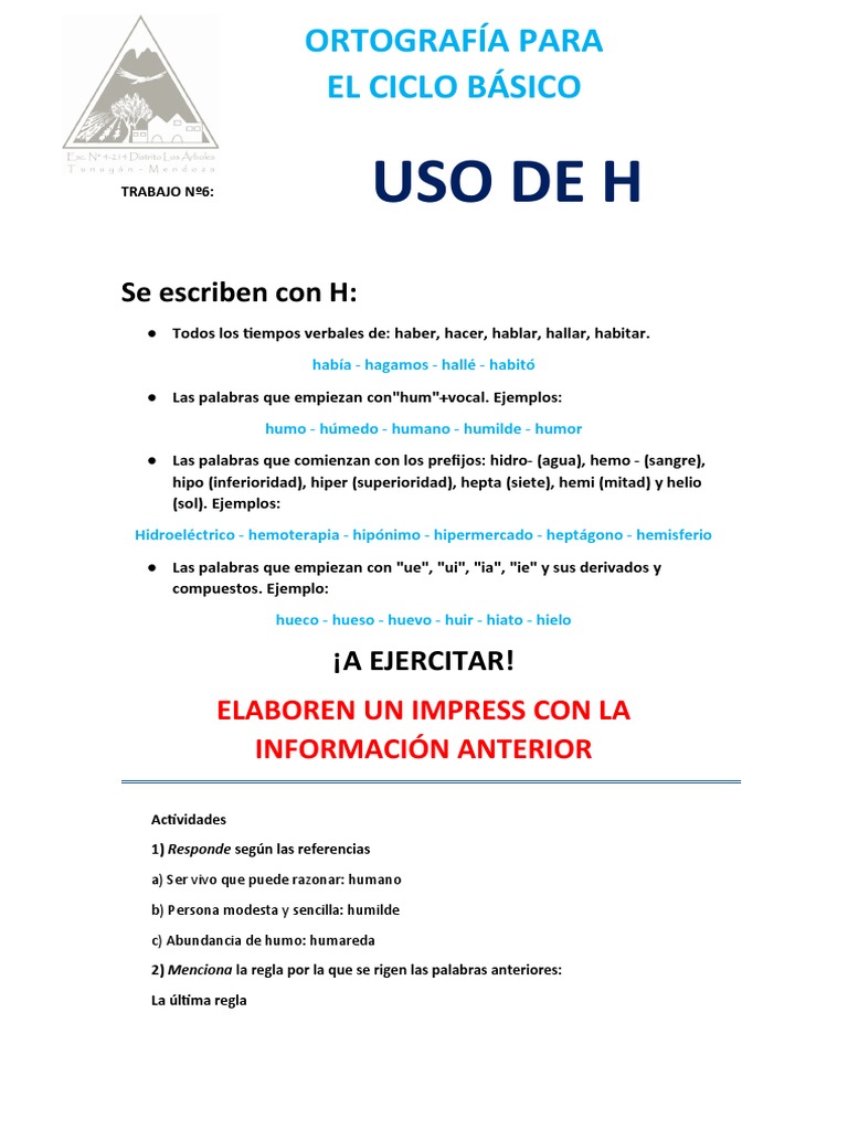 Ortografía Trabajo Nº6 Uso De H X 1 Pdf Fotocopiadora Diseño Gráfico