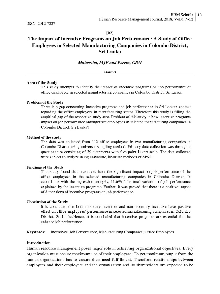 The Impact of Incentive Programs On Job Performance - A Study of Office ...