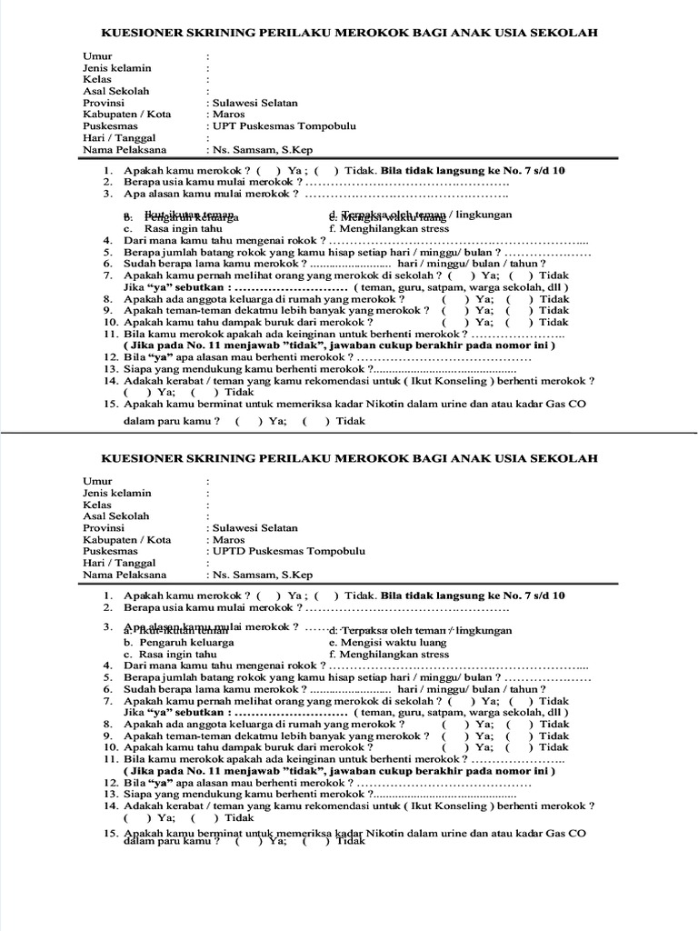 PDF Kuesioner Skrining Perilaku Merokok - Compress | PDF