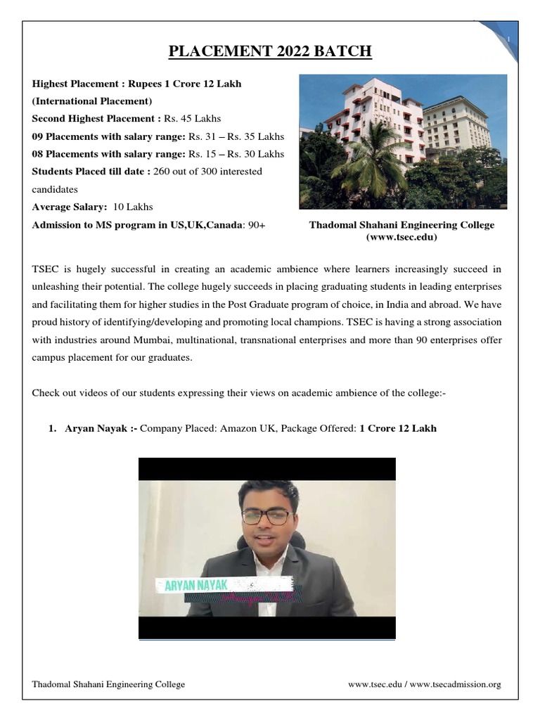 TSEC 2022 Placement Highlights | PDF | Business | Companies