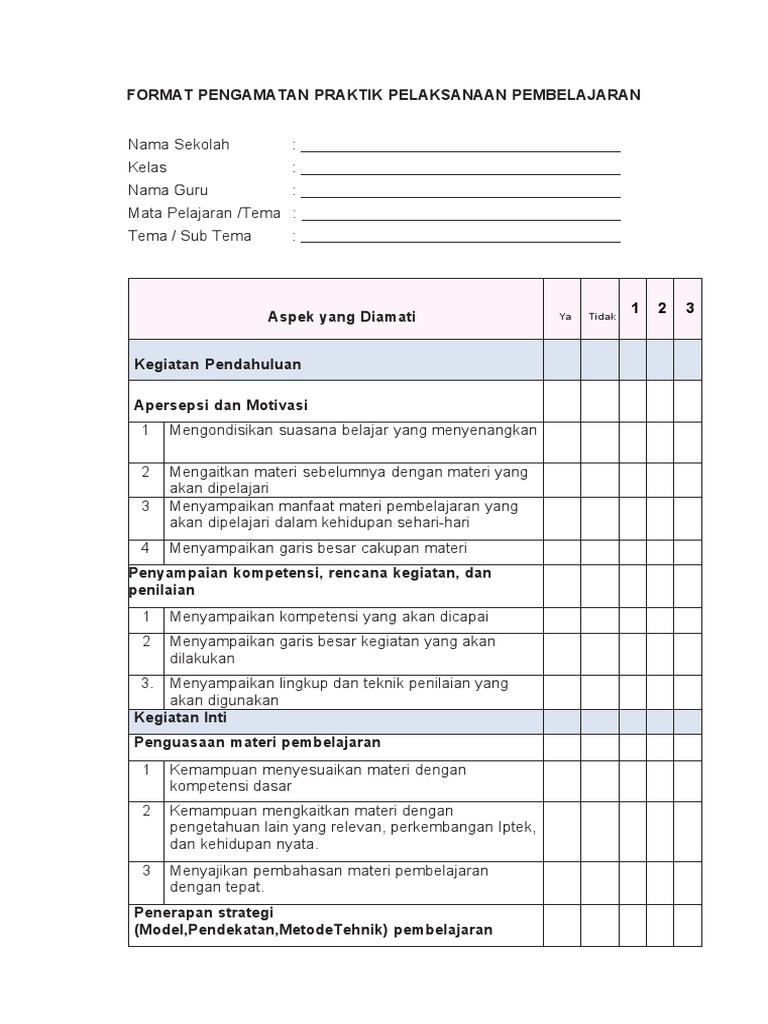 Format Pengamatan Praktik Pelaksanaan Pembelajaran | PDF
