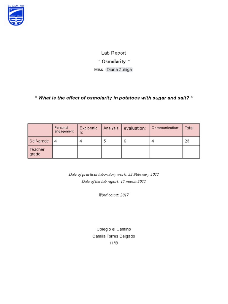 Osmolarity Effects on Potatoes Lab Report | PDF | Dehydration | Chemistry