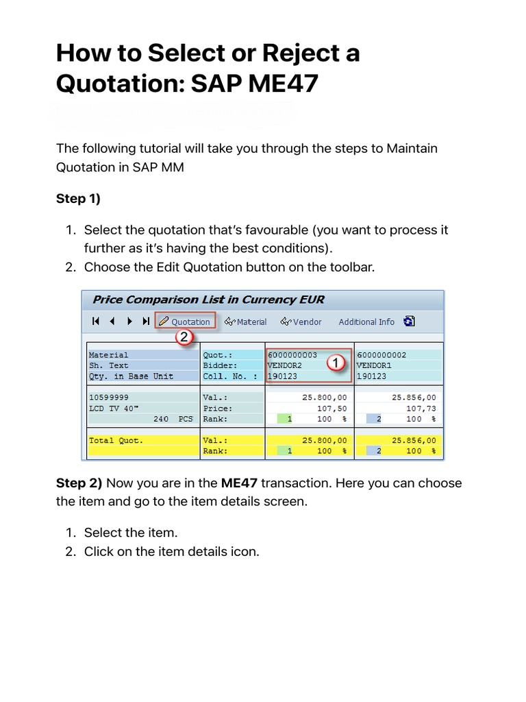 SAP MM-How To Select or Reject A Quotation | PDF | Business | Finance ...