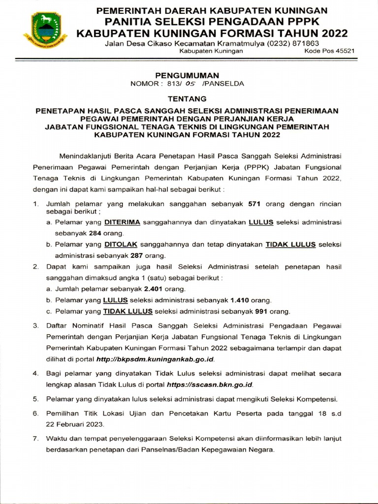 Pengumuman Pasca Sanggah Seleksi Administrasi Pppk Tenaga Teknis Pdf