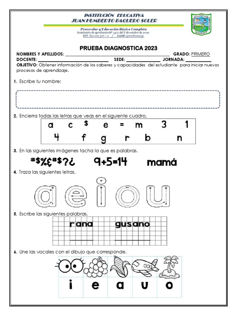 Prueba Diagnostica Grado 1ro. 2023 | PDF