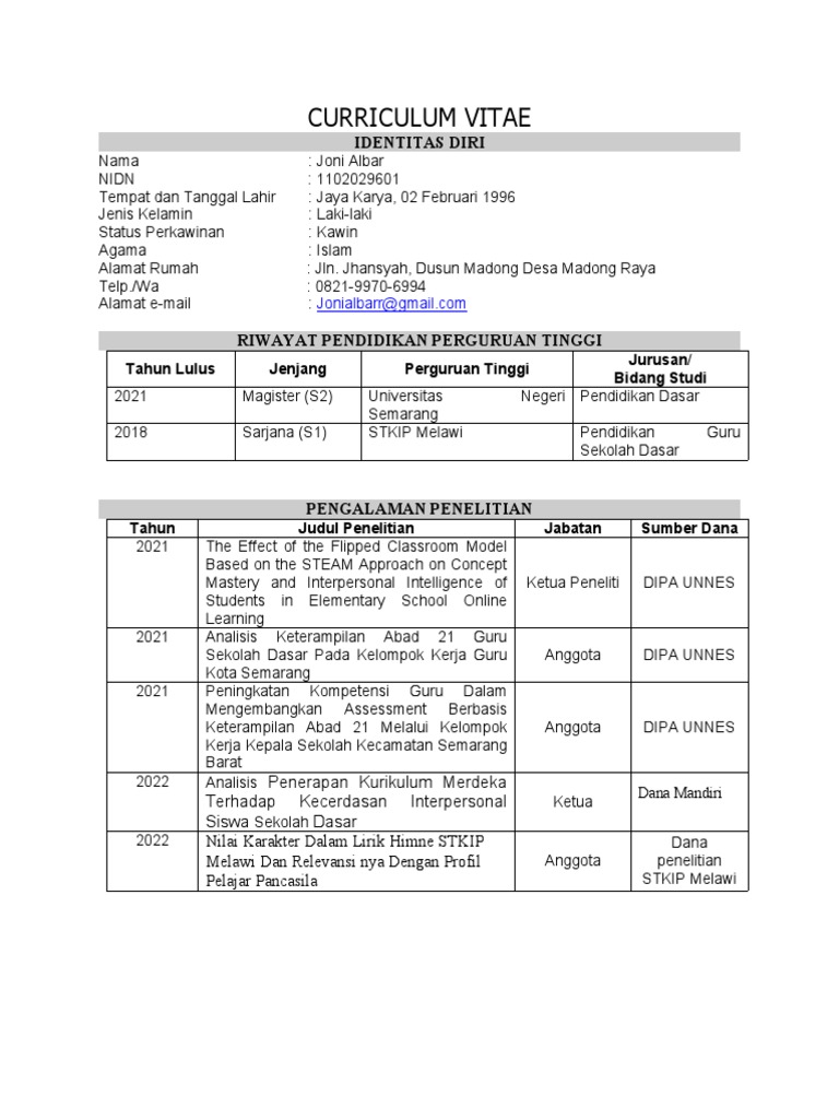 Joni Albar: CV dan Pengalaman Pendidikan | PDF