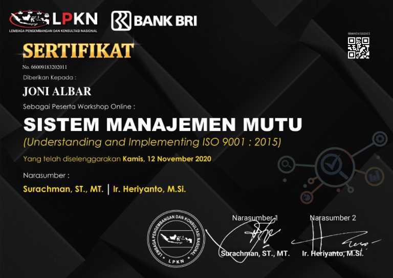 Sertifikat Manajemen Mutu ISO JONI ALBAR | PDF