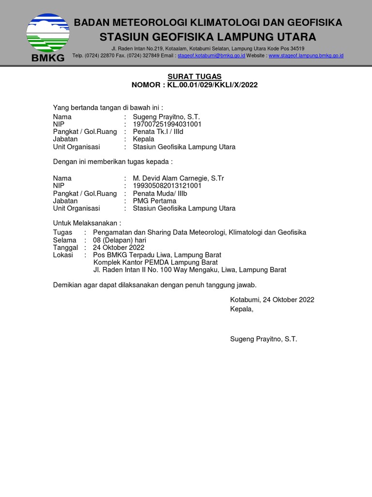 Surat Tugas BMKG Lampung | PDF