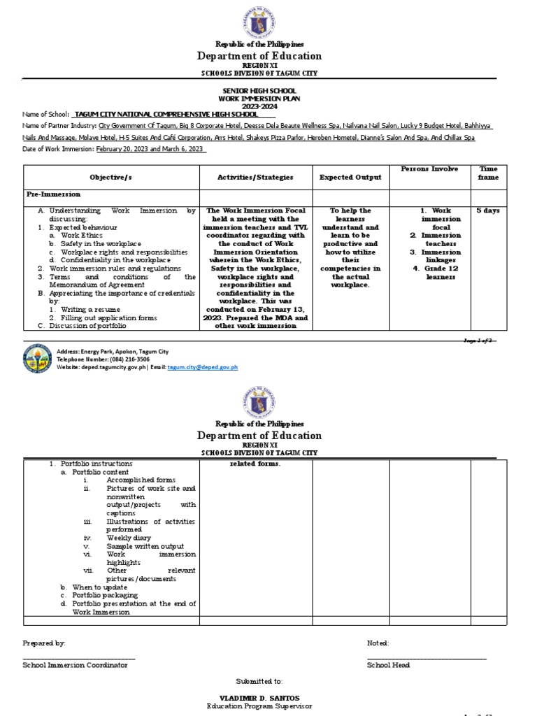 Tagum SHS Work Immersion Plan | PDF | Learning