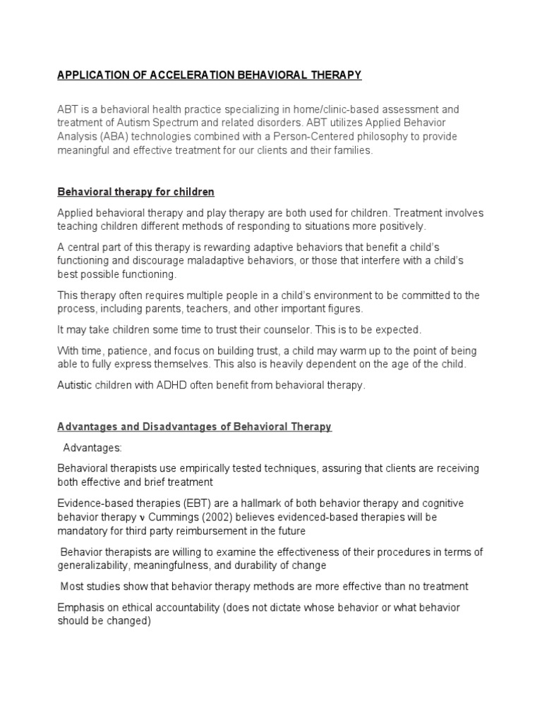 Application of Acceleration Behavioral Therapy | PDF | Psychotherapy | Behaviour Therapy