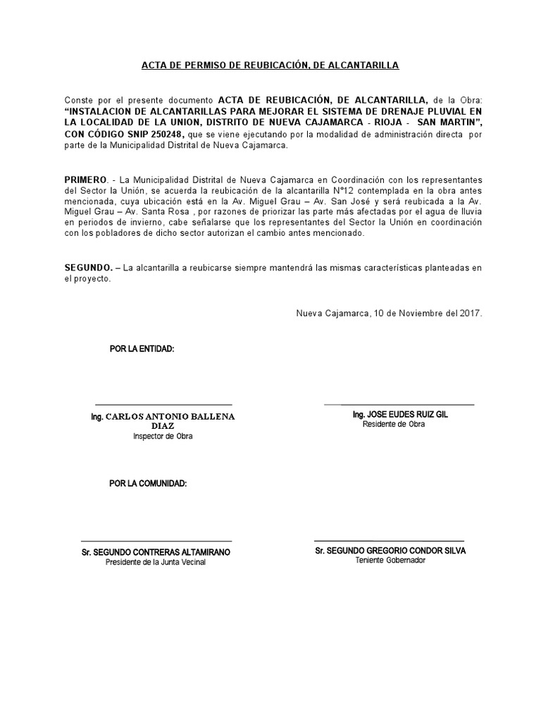 Acta de Reubicacion de Alcantarilla | PDF