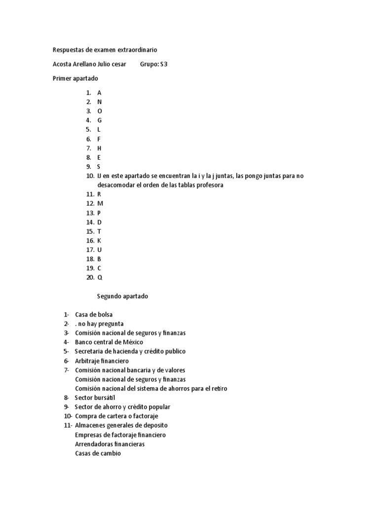 Respuestas de Examen Extraordinario | PDF Respuestas de Examen Extraordinario | PDF