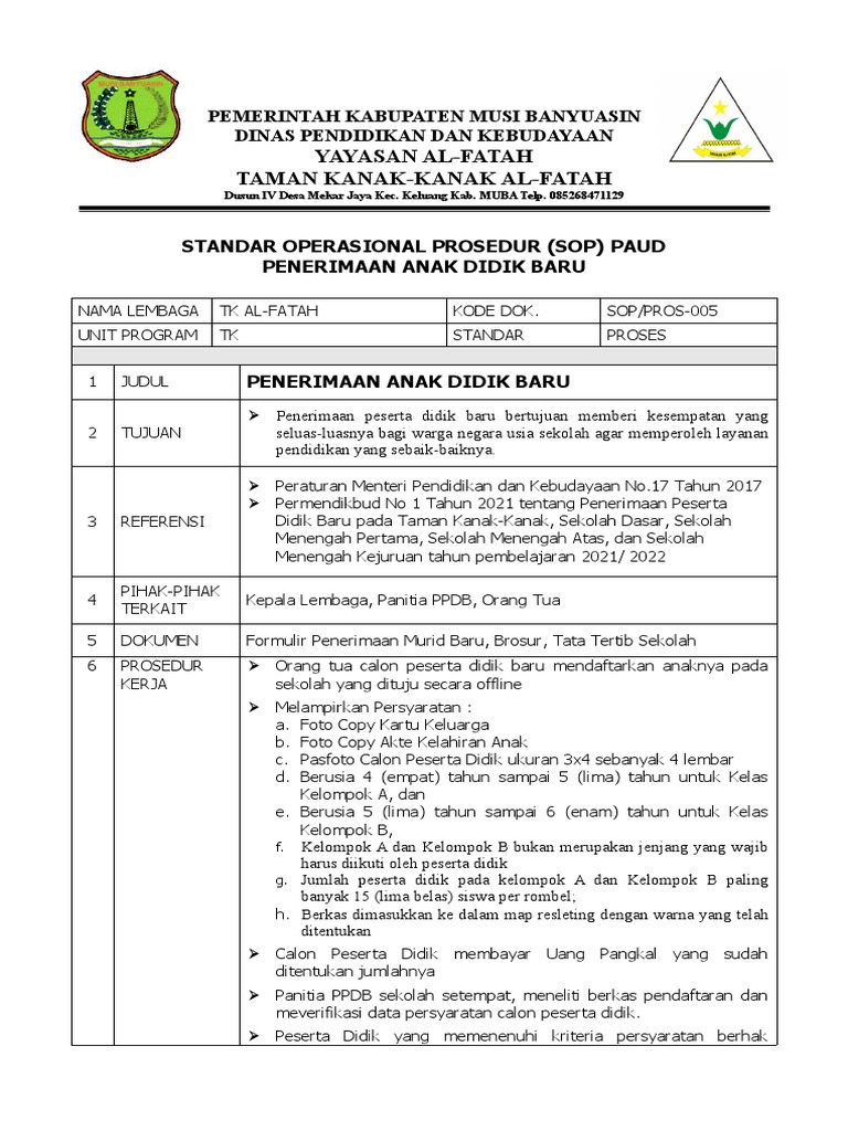 Sop Penerimaan Siswa Baru | PDF