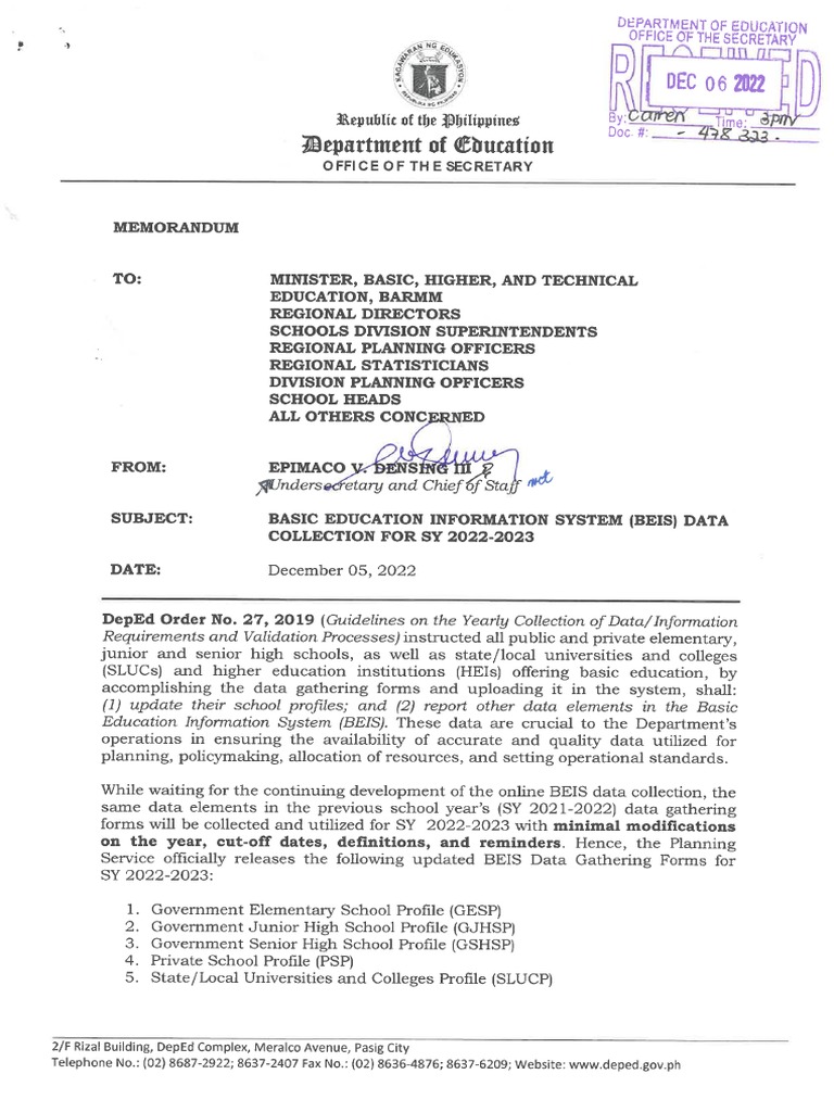 MEMO BEIS Data Collection For SY 2022 2023 | PDF