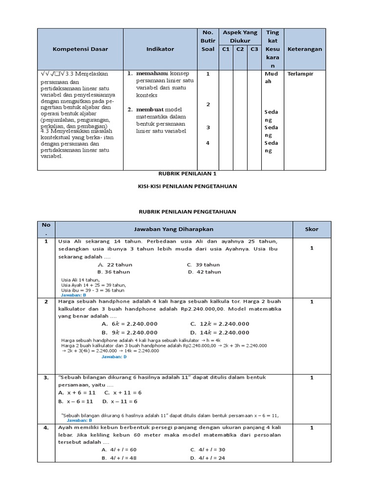 Penilaian Persamaan Linear Satu Variabel | PDF
