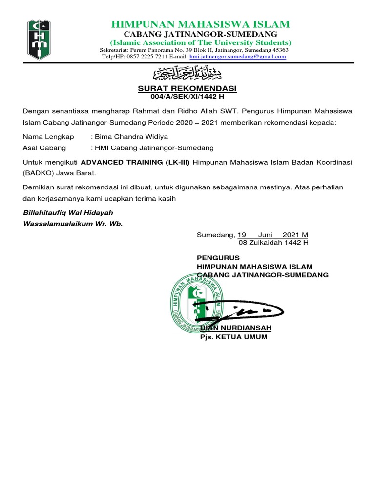 04 Surat Rekomendasi Lk-Iii Bima Chandra Widiya | PDF
