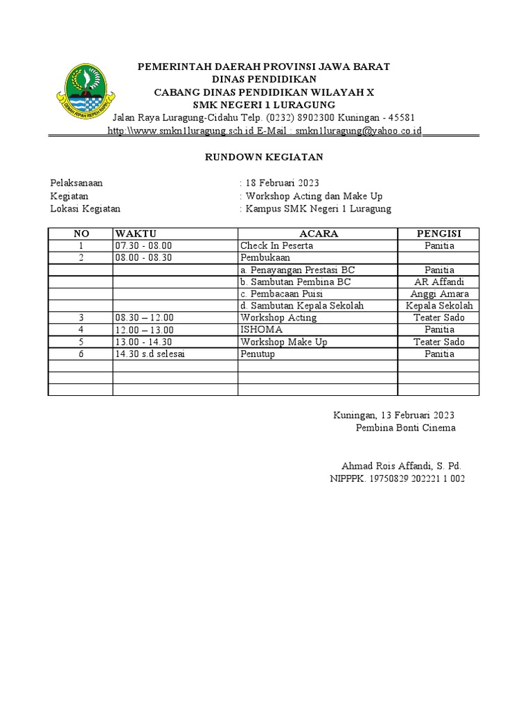 Rundown Acara Workshop Acting Dan MAke Up | PDF