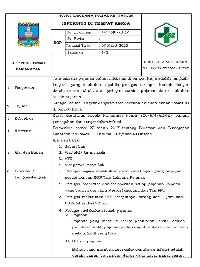 Sop Tata Laksana Pajanan Bahan Infeksius Ditempat Kerja | PDF